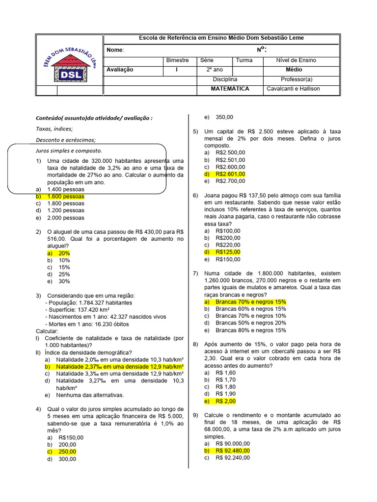 1 AV. Math 2º Anos Gabarito | PDF | Juros | Economia financeira