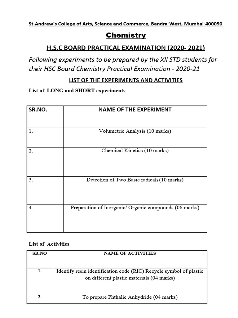 HSC Chemistry Practical Exam Guide | PDF | Chemistry | Chemical Substances