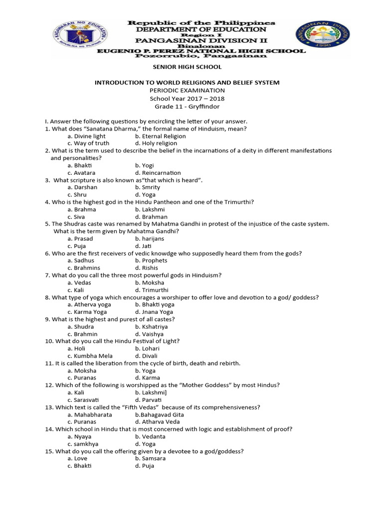 World Religions Exam for Grade 11 | PDF | Hindu Texts | Moksha