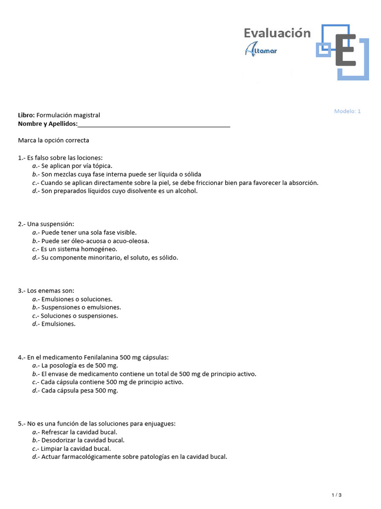 Evaluacion Fomf-U07. Formas Farmaceuticas. Elaboracion de Formas ...