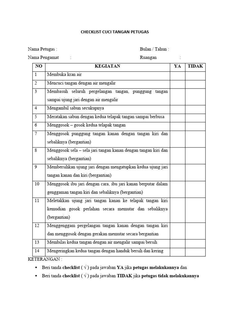 Checklist Cuci Tangan Petugas | PDF