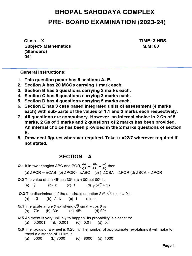 Class X Math Pre-Board Exam 2023 | PDF | Area | Mean