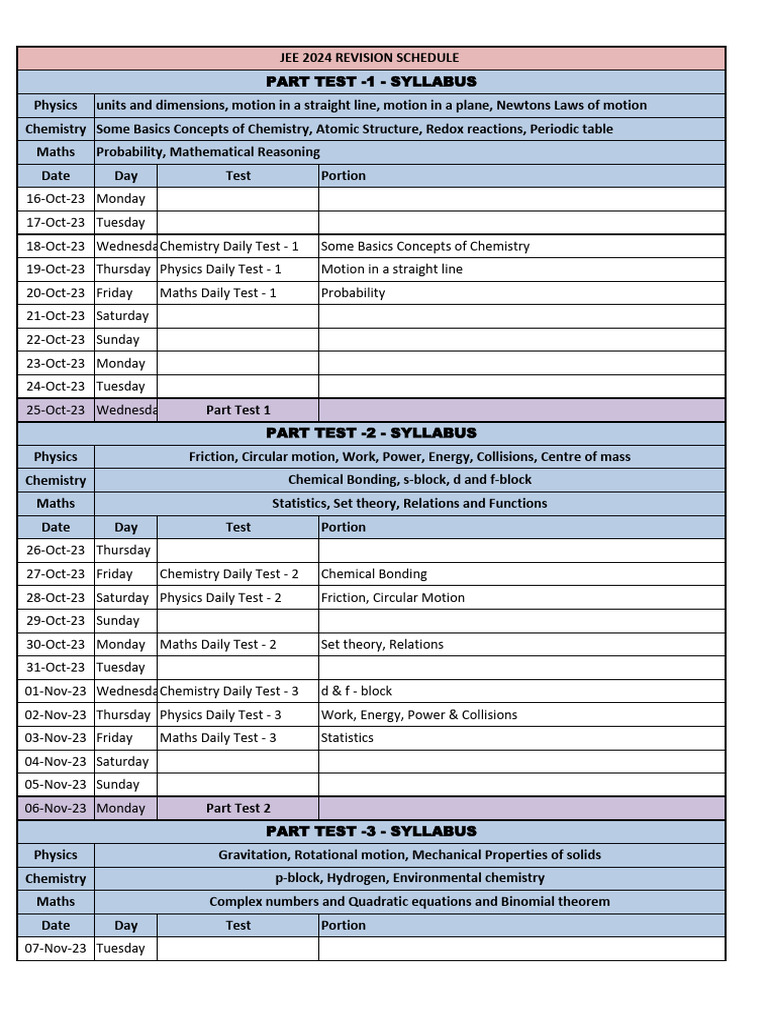 JEE 2024 Revision Test Schedule | PDF | Chemistry | Physics