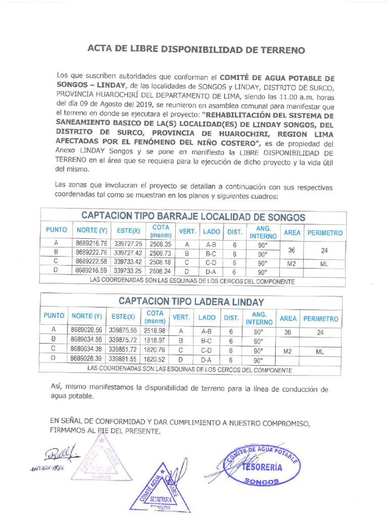 Acta de Libre Disponibilidad de Terreno | PDF