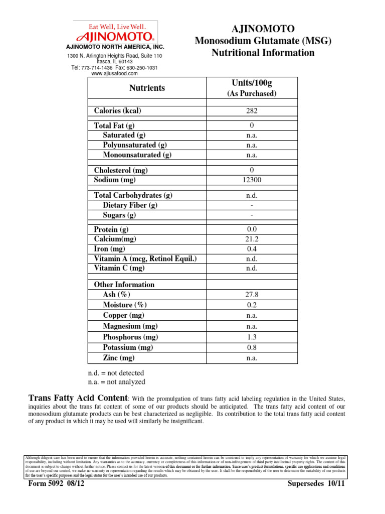 MSG Nutritional Data AJNOMOTO | PDF | Fat | Trans Fat