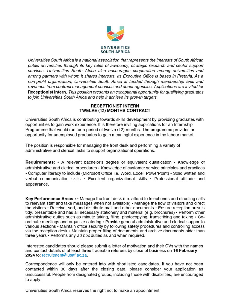 Advert Receptionist Intern | PDF | Internship | Job Hunting