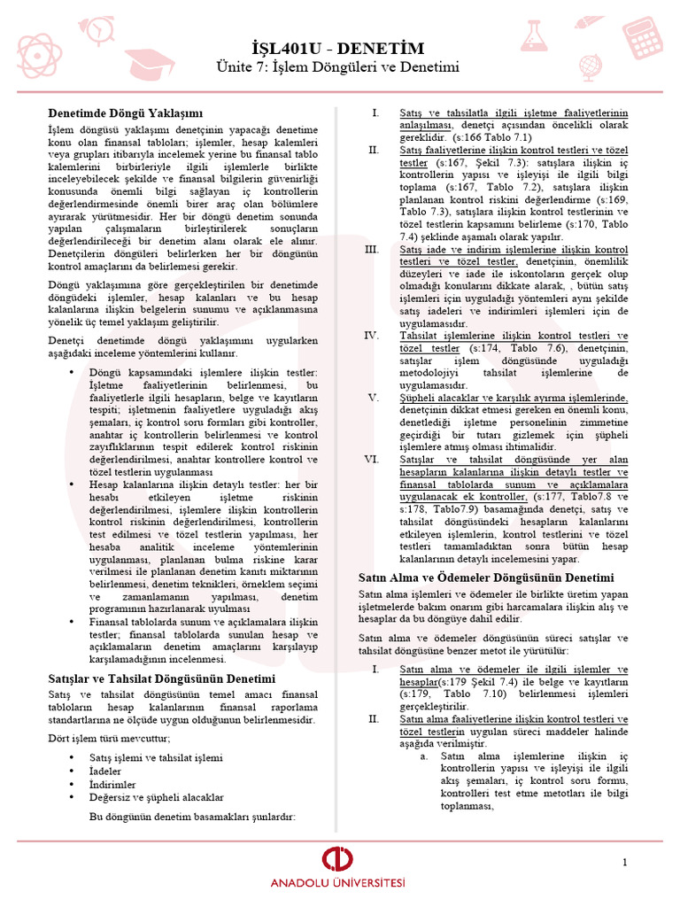 İşl401U - Denetim: Ünite 7: İşlem Döngüleri Ve Denetimi | PDF