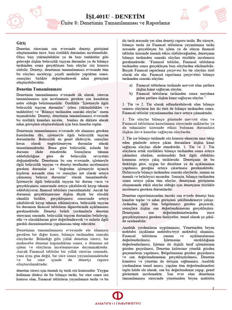 İşl401U - Denetim: Ünite 8: Denetimin Tamamlanması Ve Raporlama | PDF