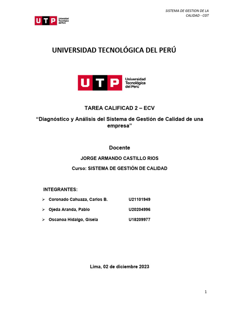 Tarea Calificada 2 - ECV (ACV-S07) - Gestion de Calidad - Coronado - Ojeda - Oscanoa | PDF ...