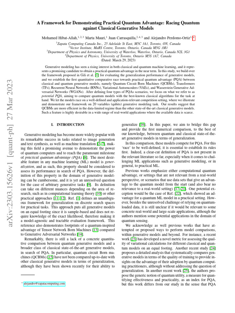A Framework To Quantum Advantage - Quantum Versus Classical Generative Models | PDF | Quantum ...