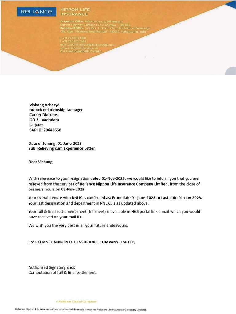 Relieving and Experience Letter for Vishang | PDF