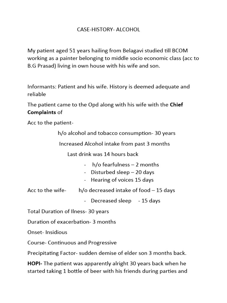 Alcohol Case History | PDF | Hallucination | Clinical Medicine