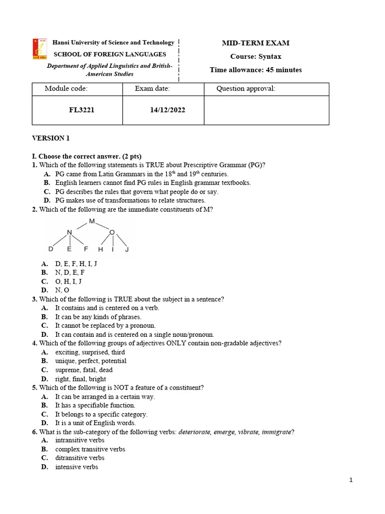 Mid-term-2022-V1 | PDF | Verb | Phrase