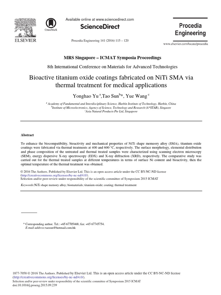 Bioactive Titanium Oxide Coatings Fabricated On NiTi SMA Via Thermal ...