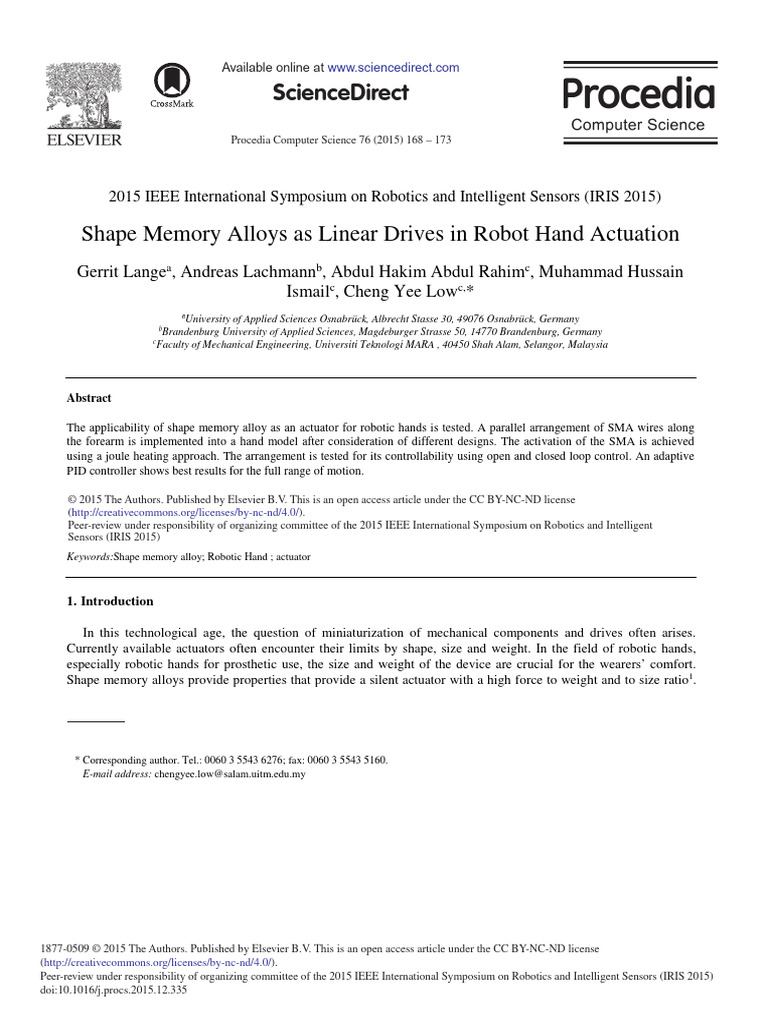 Shape Memory Alloys As Linear Drives in Robot Hand Actuation | PDF | Shape Memory Alloy | Materials