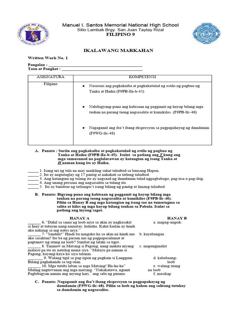 Quarter-2 - ASSESSMENT-Written-Works-FILIPINO-9 (Week 1 at 2) | PDF
