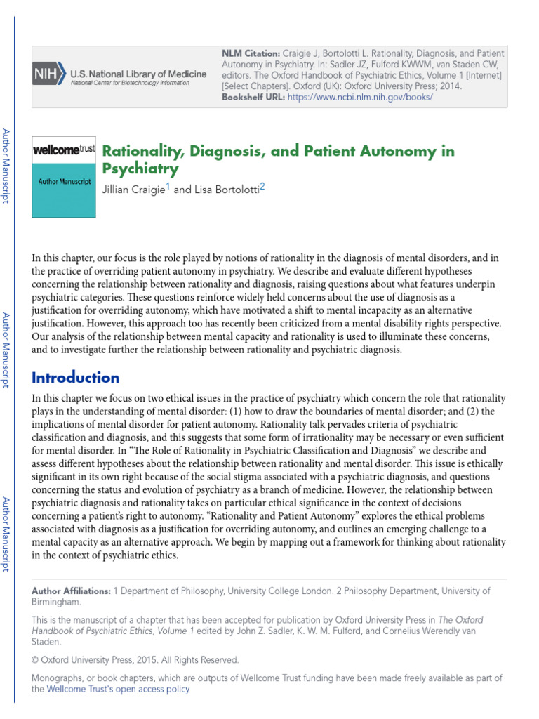 Rationality, Diagnosis, and Patient Autonomy in Psychiatry | PDF ...