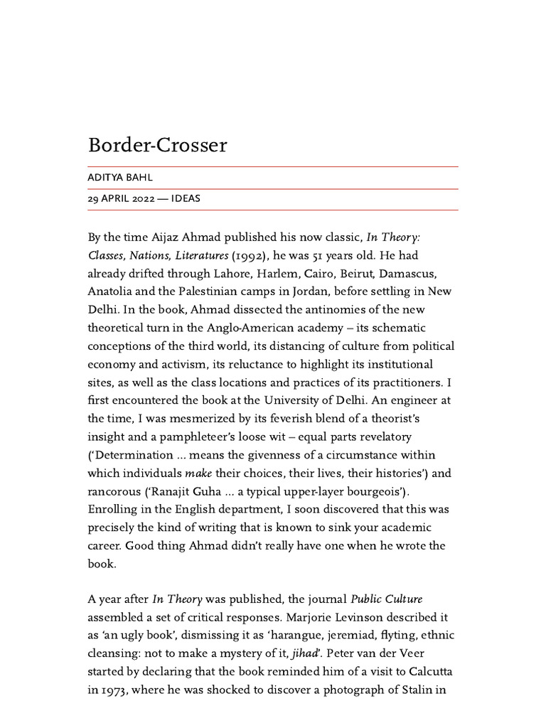 Aijaz Ahmad - Aditya Bahl, Border-Crosser - Sidecar | PDF | Pakistan ...