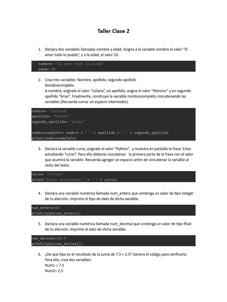 Taller 2 | PDF | Variable (informática) | Ciencias de la Computación