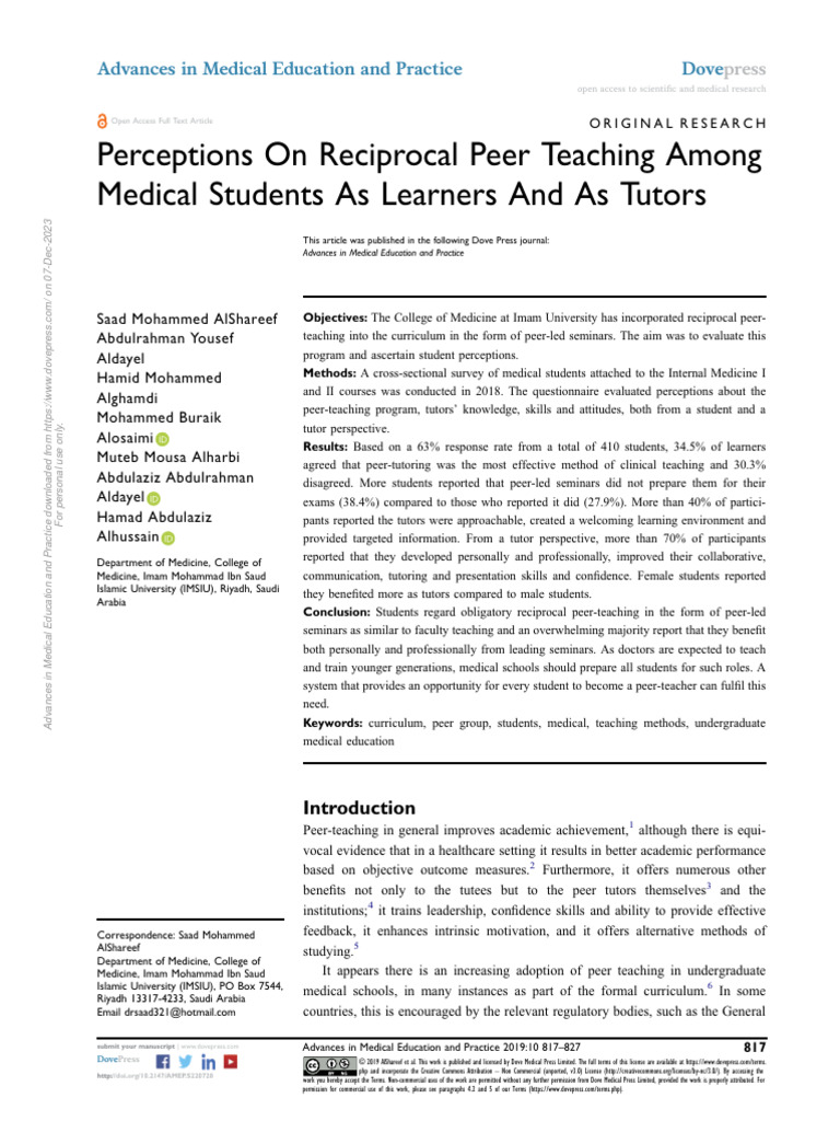 Perceptions On Reciprocal Peer Teaching Among Medical Students | PDF ...