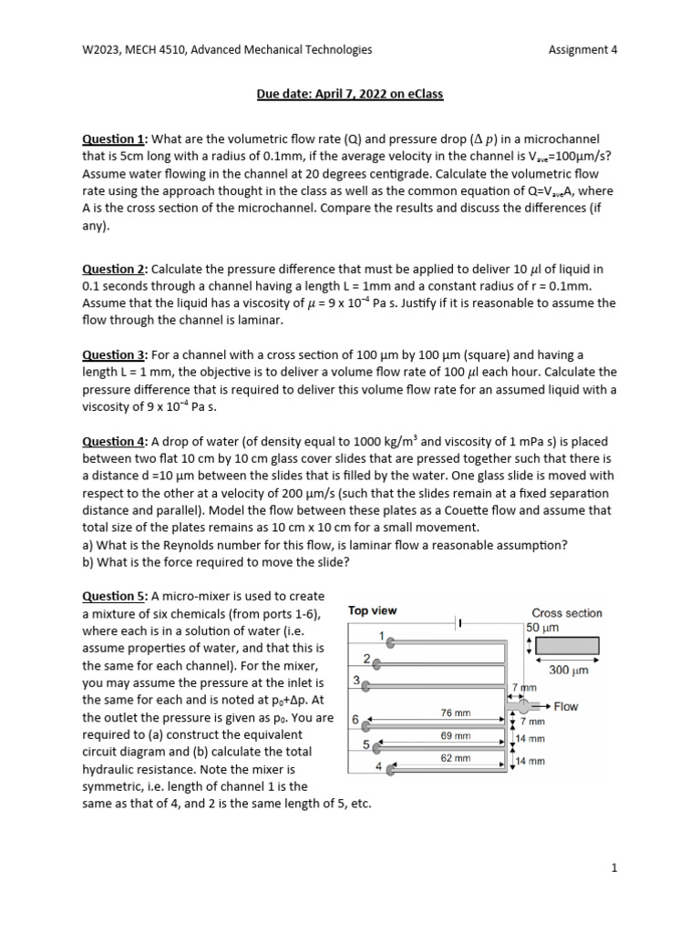 Assignment 4 - Microfluid Mechanics | PDF | Fluid Dynamics | Viscosity