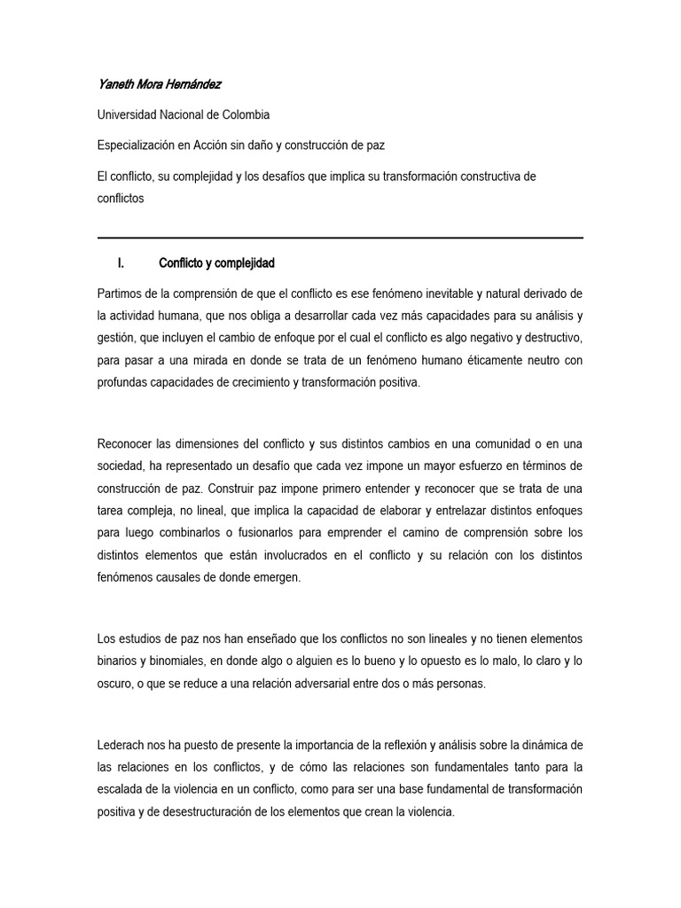 Ensayo Conflicto y Complejidad - Yaneth Mora Hernández | PDF ...