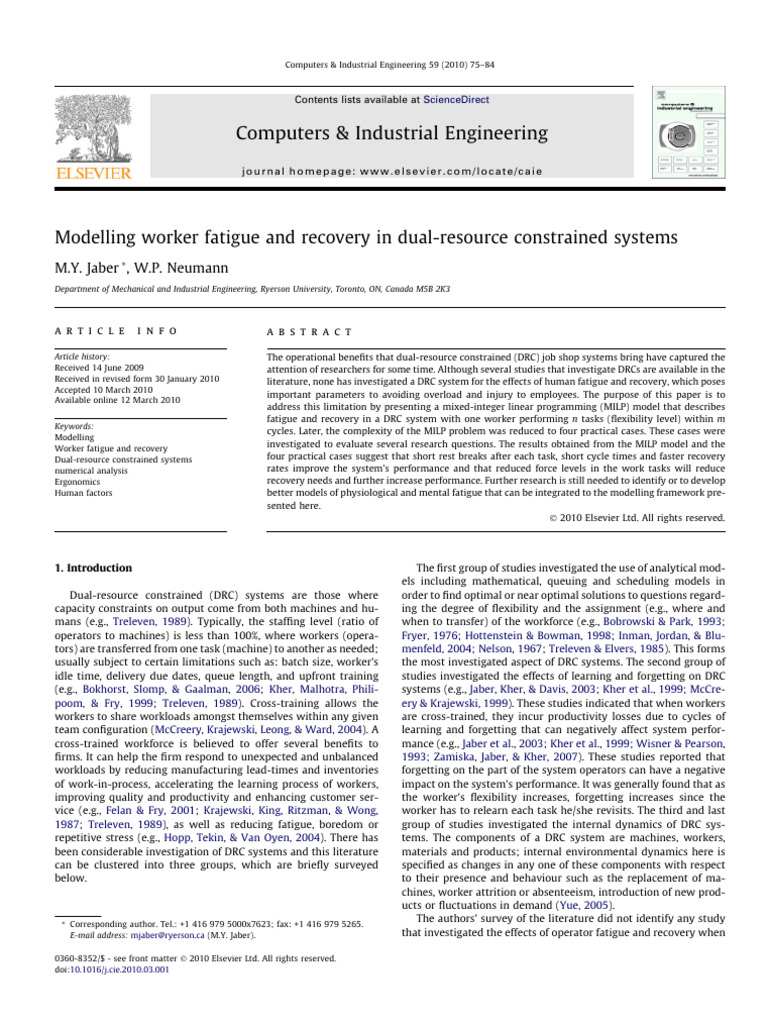Modelling Worker Fatigue and Recovery in Dual-Resource Constrained Systems | PDF | Human Factors ...