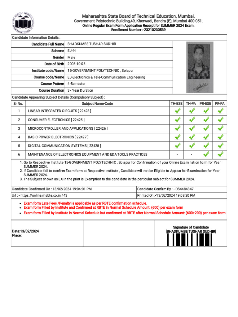 Exam Form Application of Candidate For | PDF | Electronics