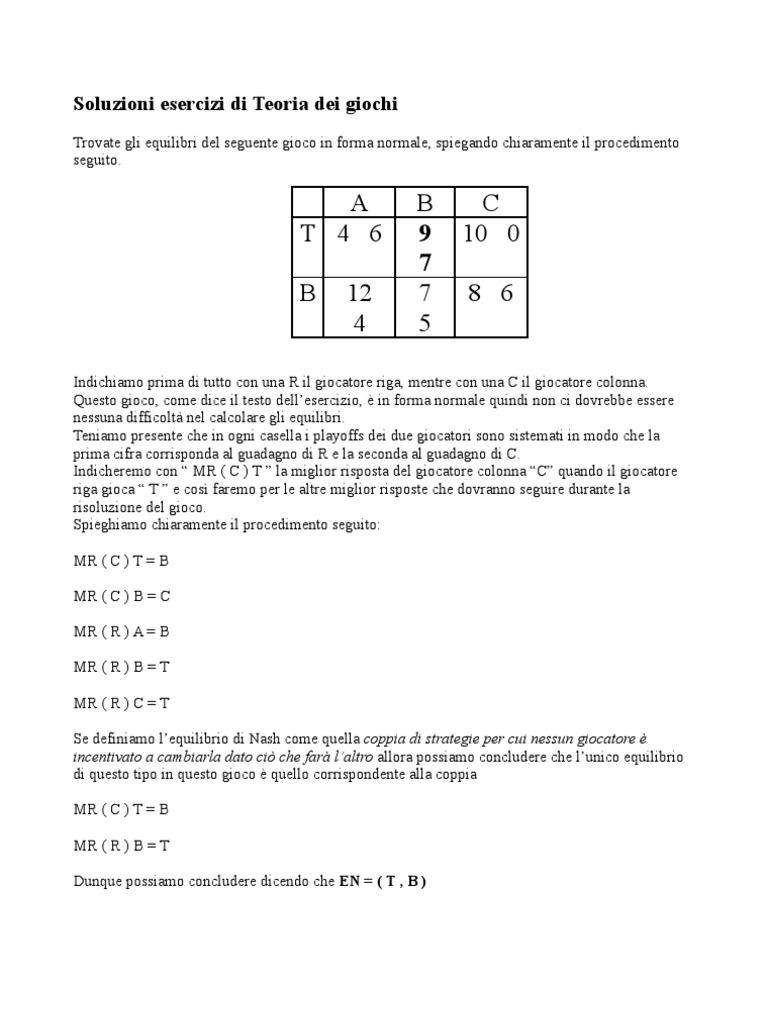 Soluzioni Esercizi Di Teoria Dei Giochi | PDF Soluzioni Esercizi Di Teoria Dei Giochi | PDF