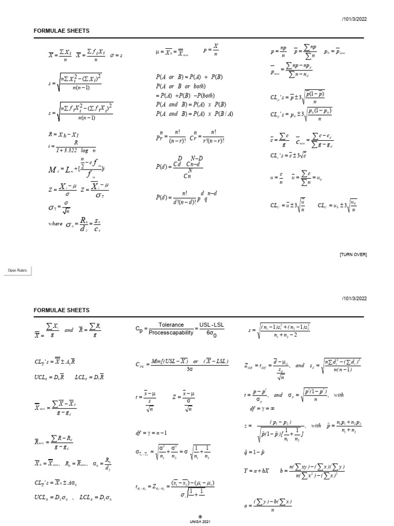 FORMULAE SHEETS | PDF | Probability Theory | Statistical Theory
