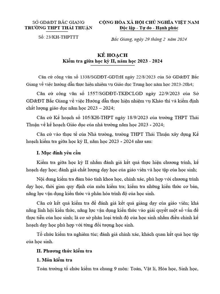 Ke Hoach Kiem Tra Giua Hoc Ky II - 2023 - 2024 | PDF
