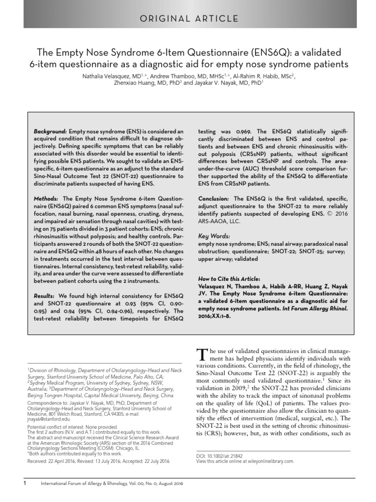 Empty Nose Syndrome 6-Item Questionnaire (ENS6Q) | PDF | Receiver ...