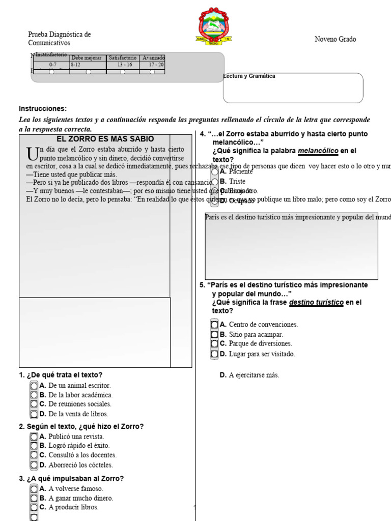 Prueba Diagnóstica 9º Español (2011) | PDF