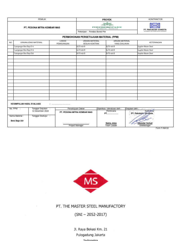 00-Am-01 Pengajuan Material Besi Baja Tulangan Ms Steel | PDF