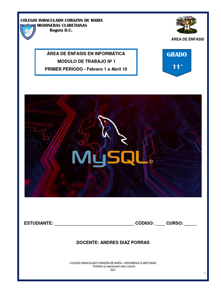 Grado 11°: Área de Énfasis | Descargar gratis PDF | Mi sql | SQL