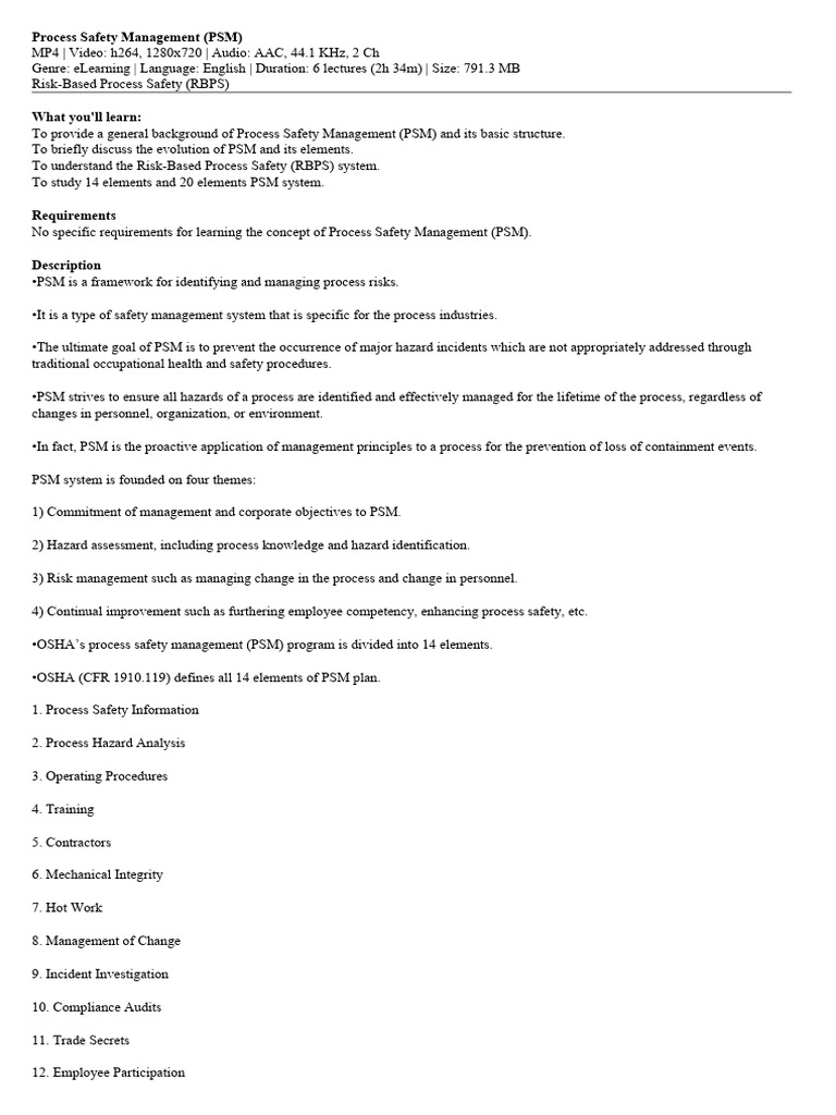 Process Safety Management (PSM) | PDF | Safety | Occupational Safety ...