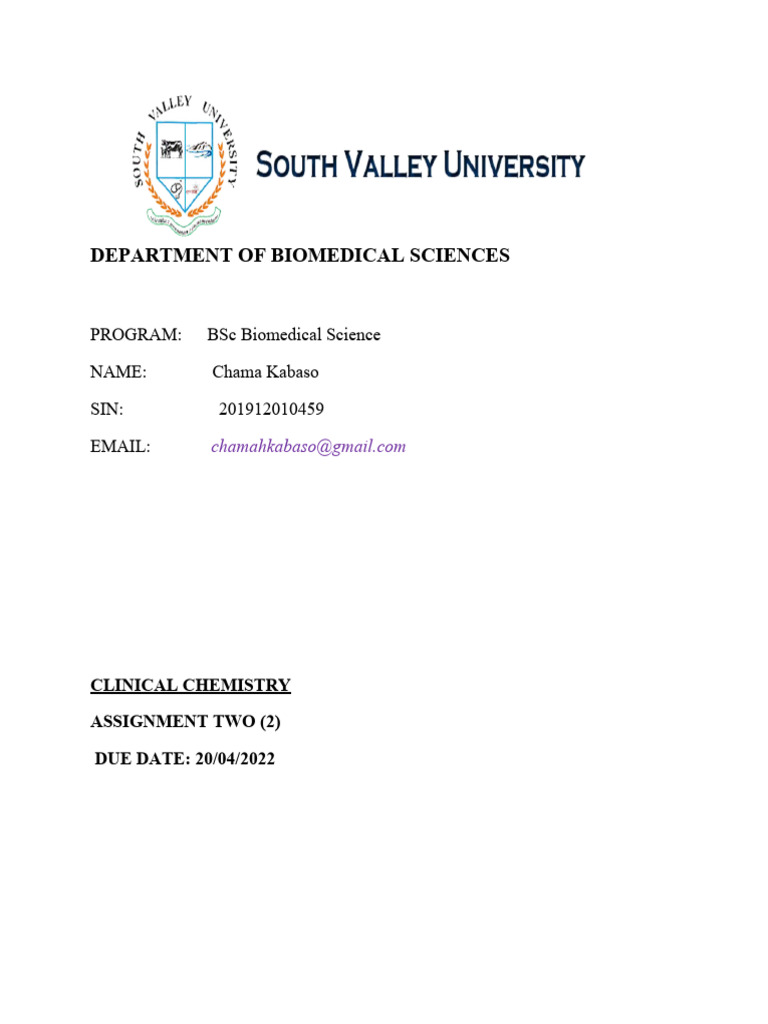 CClinical Chemistry Assignment Two (2) Chama Kabaso | PDF | Creatinine | Kidney