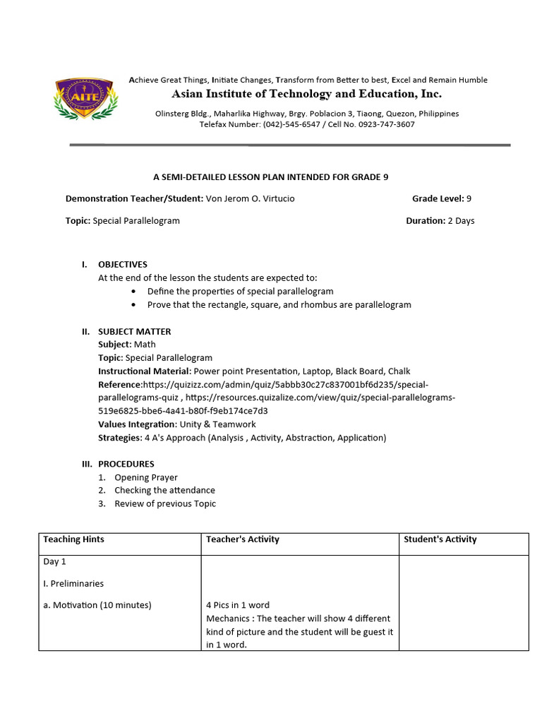4A-Lesson-Plan-Special Parallelogram | PDF | Rectangle | Euclid