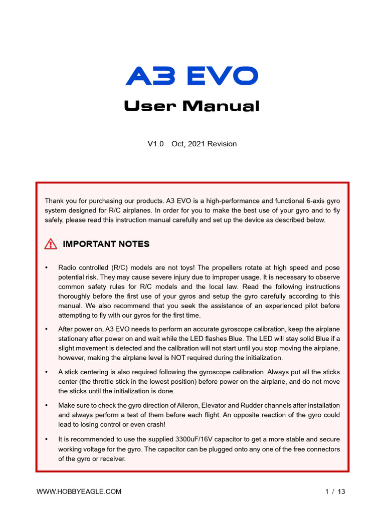 A3Evo User Manual v1.0 en | Download Free PDF | Gyroscope | Aileron