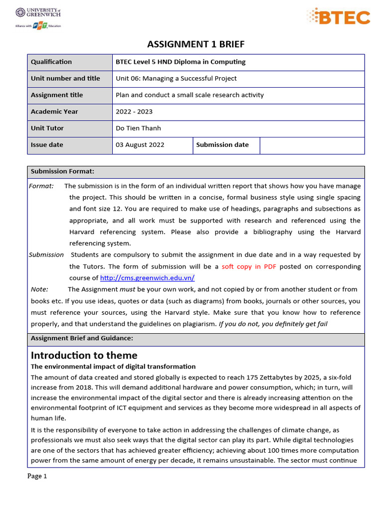 Unit 06 - Assignment Brief 1 - Digital Transformation - 202223 | PDF ...