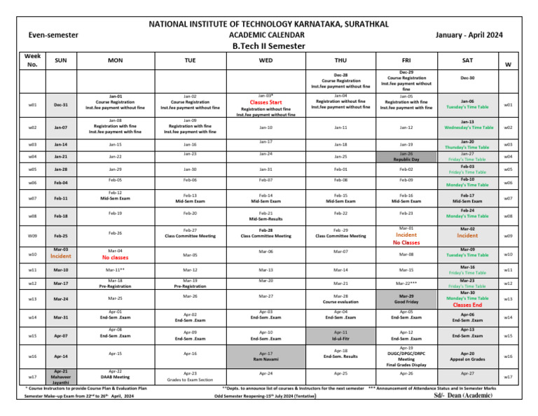 NITK B.Tech Academic Calendar Jan-Apr 2024 | PDF | Academic Term ...