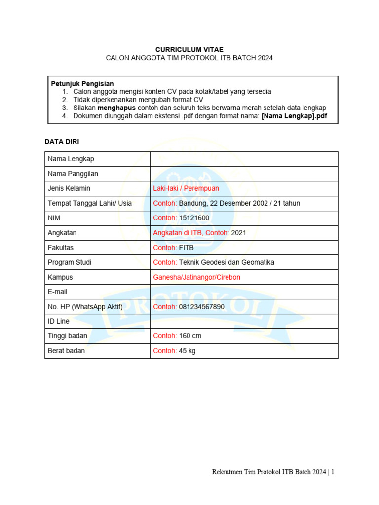 CV Calon Anggota Protokol ITB 2024 | PDF