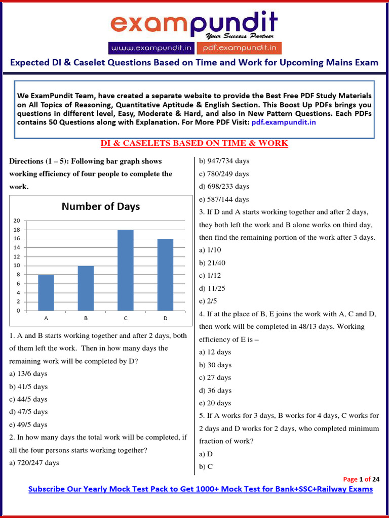 Di and Caselet Questions Based On Time and Work For Upcoming Mains ...