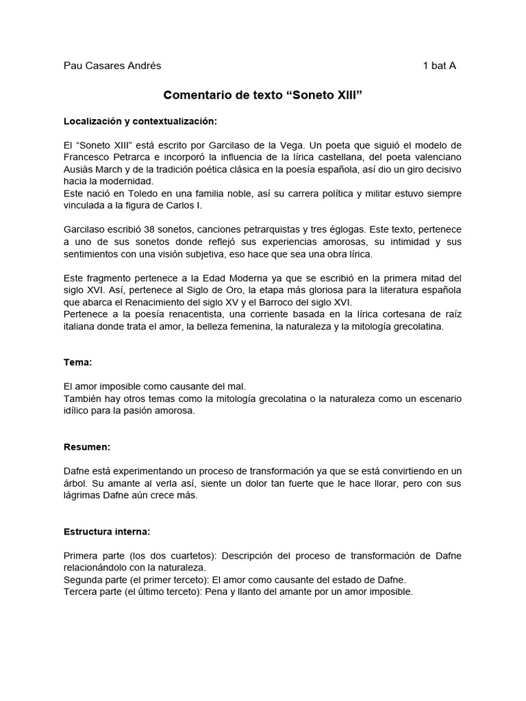 Análisis del Soneto XIII de Garcilaso | PDF | Sonetos | Poesía