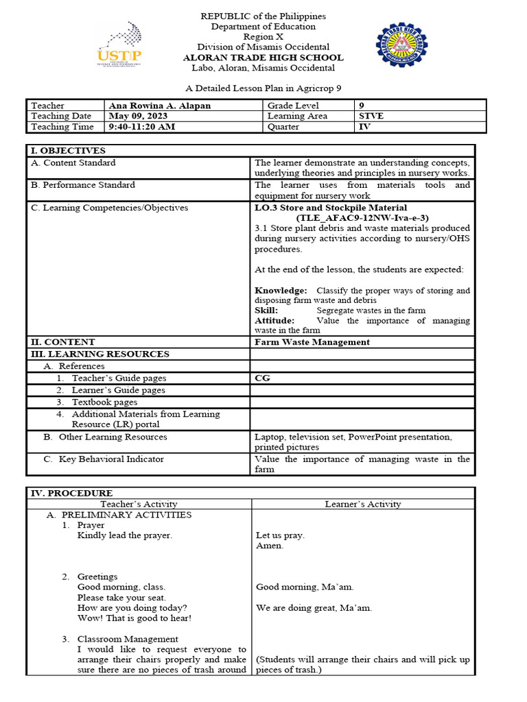 A-Detailed-Lesson-Plan-agriculture - Alapan - Grade9 | PDF | Waste ...
