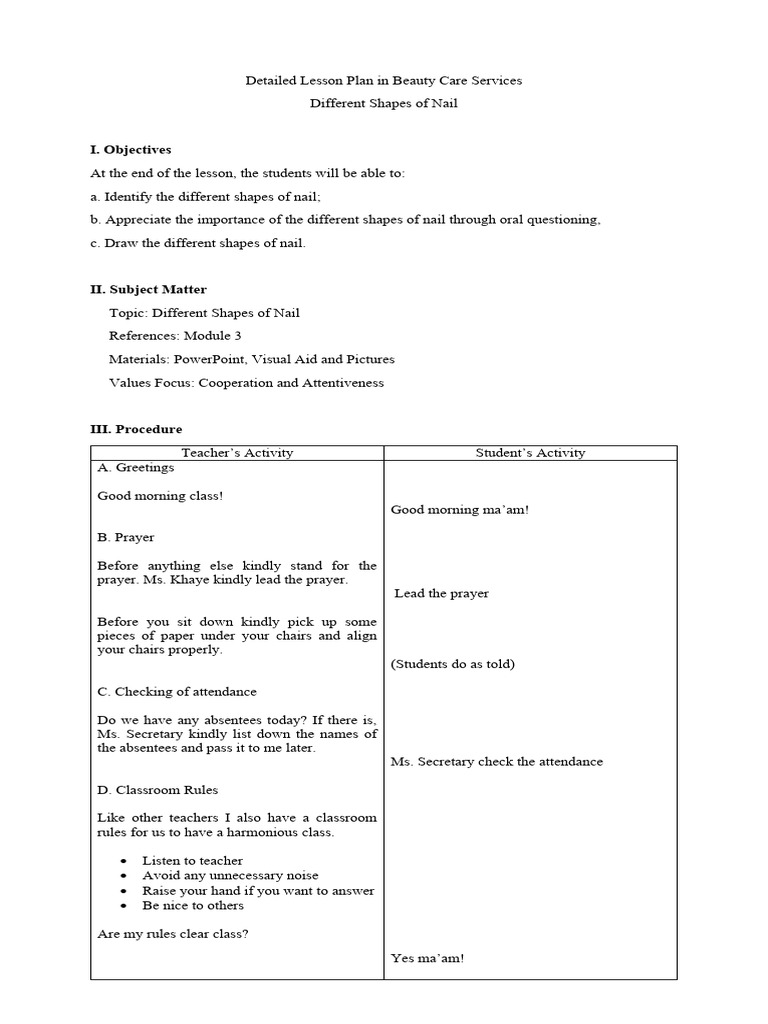 Lesson Plan: Nail Shapes in Beauty Care | PDF | Classroom | Nail (Anatomy)