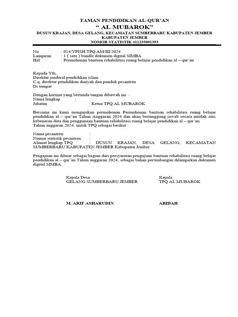 CONTOH PROPOSAL REHAB Kelas TPQ | PDF