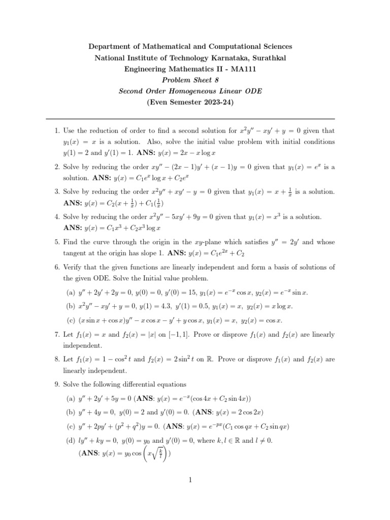 Problem Sheet 8 | PDF | Ordinary Differential Equation | Mathematics