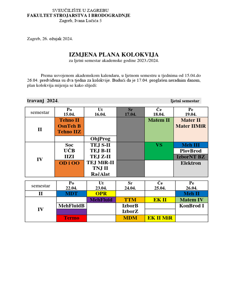 Izmjena Kolokvij Rokovi 2023 2024 | PDF