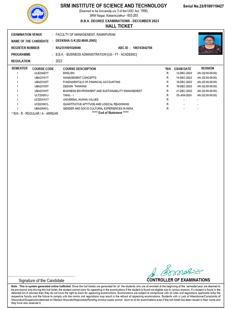 SRM SEM1 Hallticket | PDF | Books